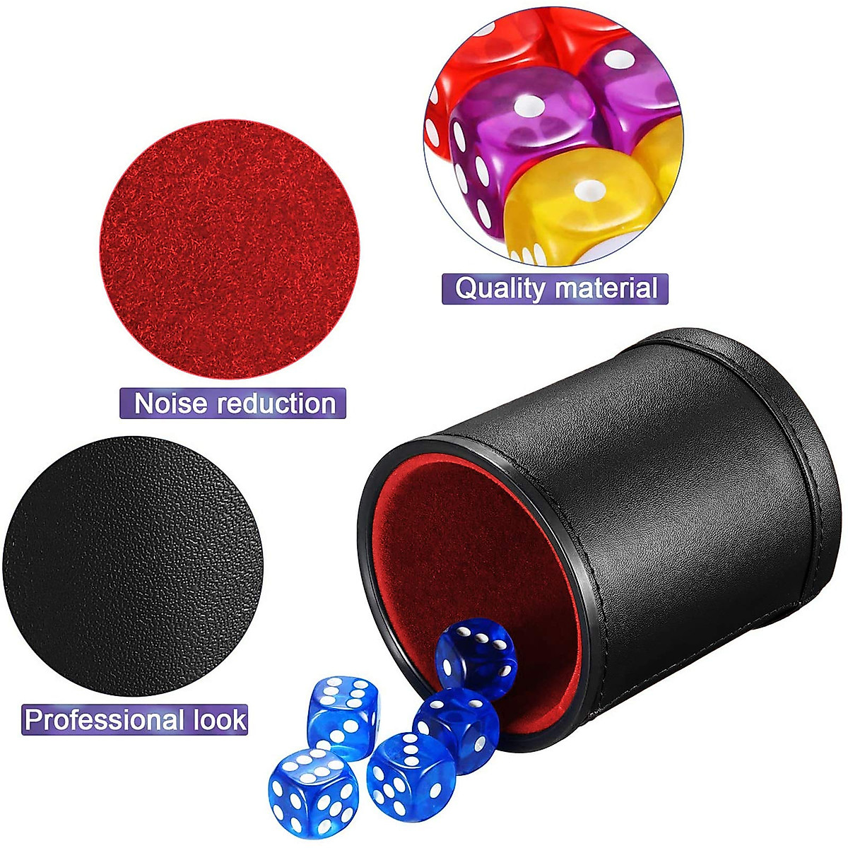 6 Pieces Dice Cup PU Leather Felt Lining Quiet Shaker with 30 Dices Compatible with Craps Backgammon Game (Black)