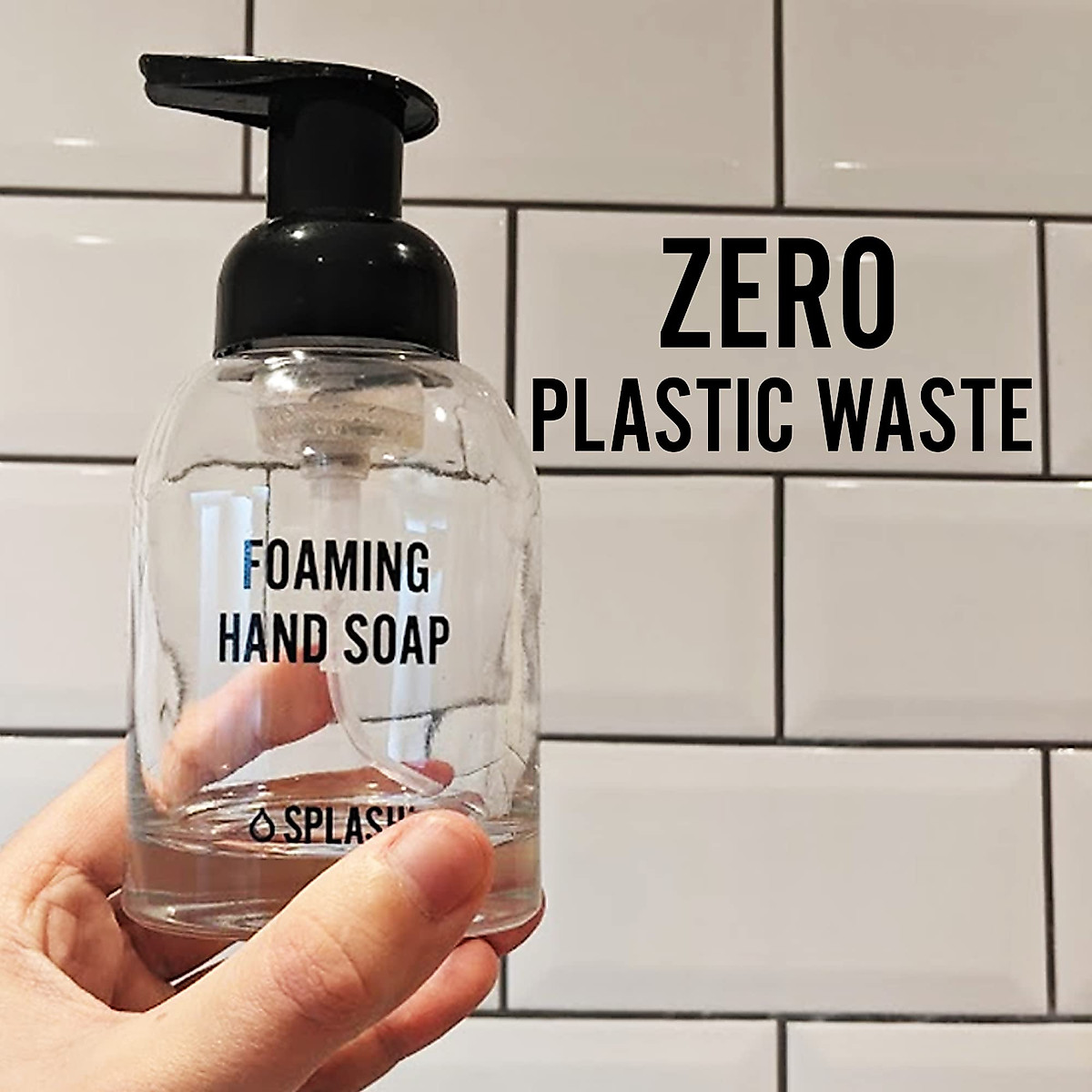 Splash | Glass Soap Dispenser with Foam Pump | Refillable Foaming Soap Dispenser for Bathroom Kitchen | 2 Pack 8 FL OZ (16oz Total) Clear Soap Dispenser | x6 Hand Soap Included