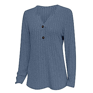 GDJGTA Women's Long Sleeve T Shirt Fashion V Neck Tops Solid Color Casual Blouses,Light Blue,Large