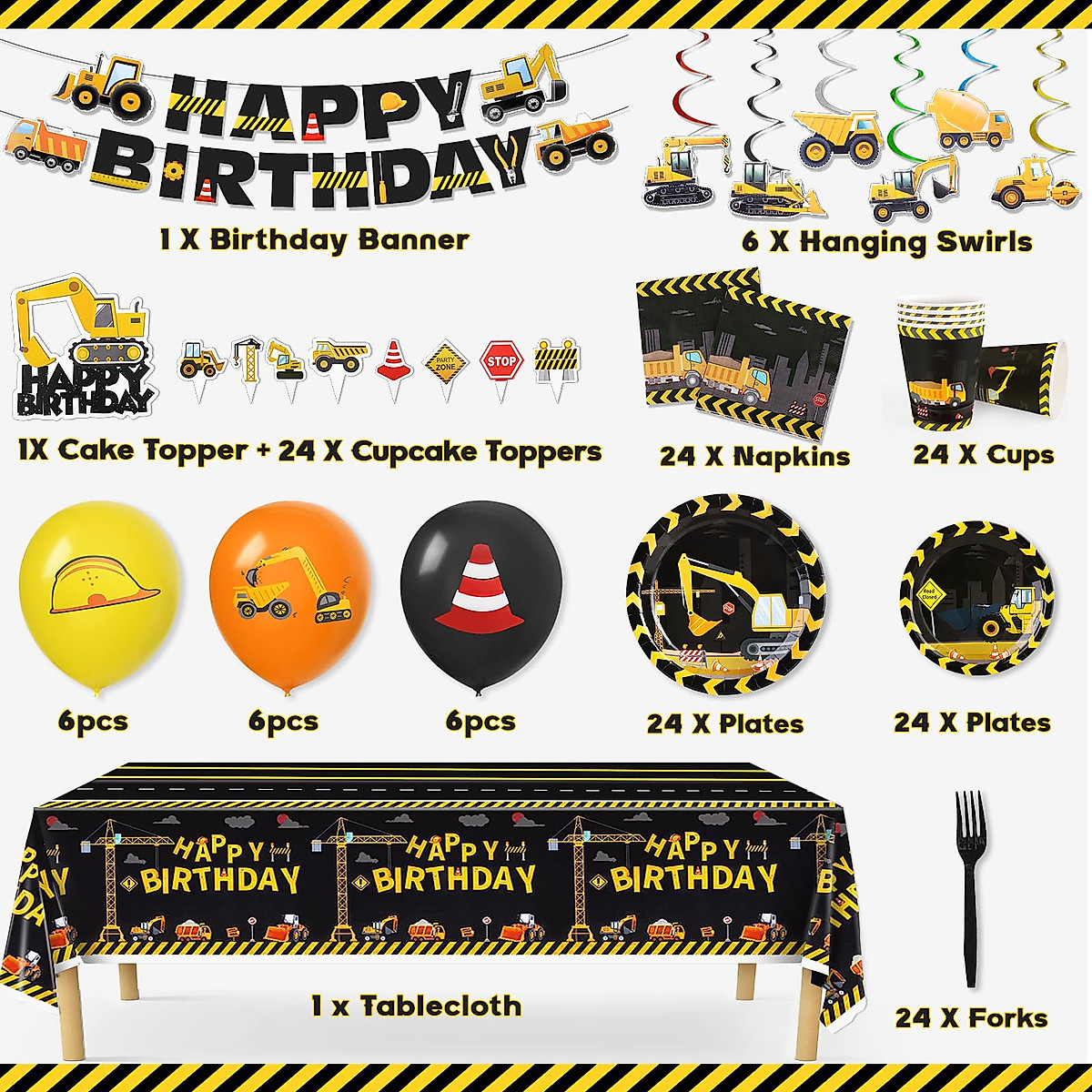 171Pcs Construction Birthday Party Supplies Include Dump Truck Banners, Hanging Swirls, Balloons, Plates, Paper Cups, Napkins, Forks, Cake Toppers, Tablecloth, Construction Party Set for 24 Guests