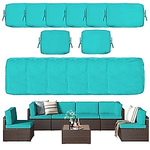 YQNUCO Patio Cushion Covers Replacement, Outdoor Cushion Covers for Patio Furniture Waterproof with Zipper, Washable Wicker Rattan Sectional Sofa Couch Chair Cover Set with Ties (Lake Blue, 14 PCS)