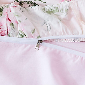 FADFAY Floral Bedskirt Set Lace Bedding Pink Duvet Cover Set Rose Printed 100% Cotton Queen House Bedding Sets for Girls Women (4-Piece, Queen, Pink)