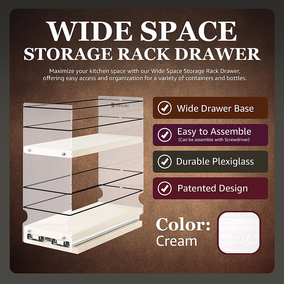 Vertical Spice - 4x2x11 DC - Storage Organizer Drawer with 2 Tiers - Heavy Duty - Size: 4.6" Width x 10.75" Height x 10.6" Depth - MADE IN USA