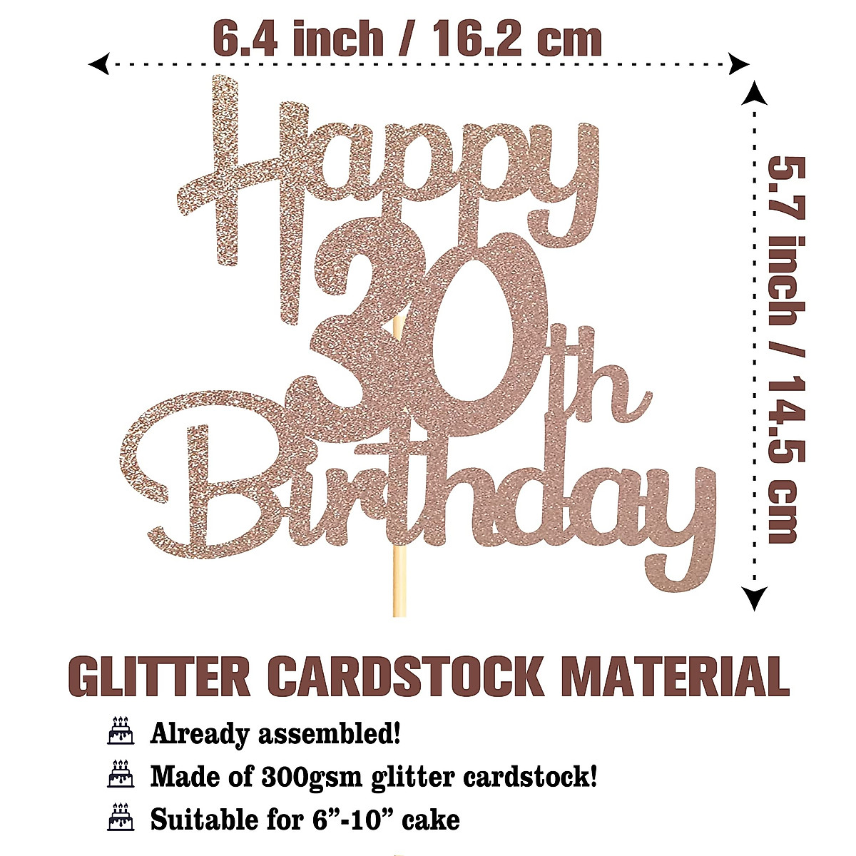 Sotpot Happy 30th Birthday Cake Topper Rose Gold Glitter 30th Cake Toppers 30 Birthday Cake Decorations Cheers to 30 Fabulous Party Cake Picks - 1 Pack