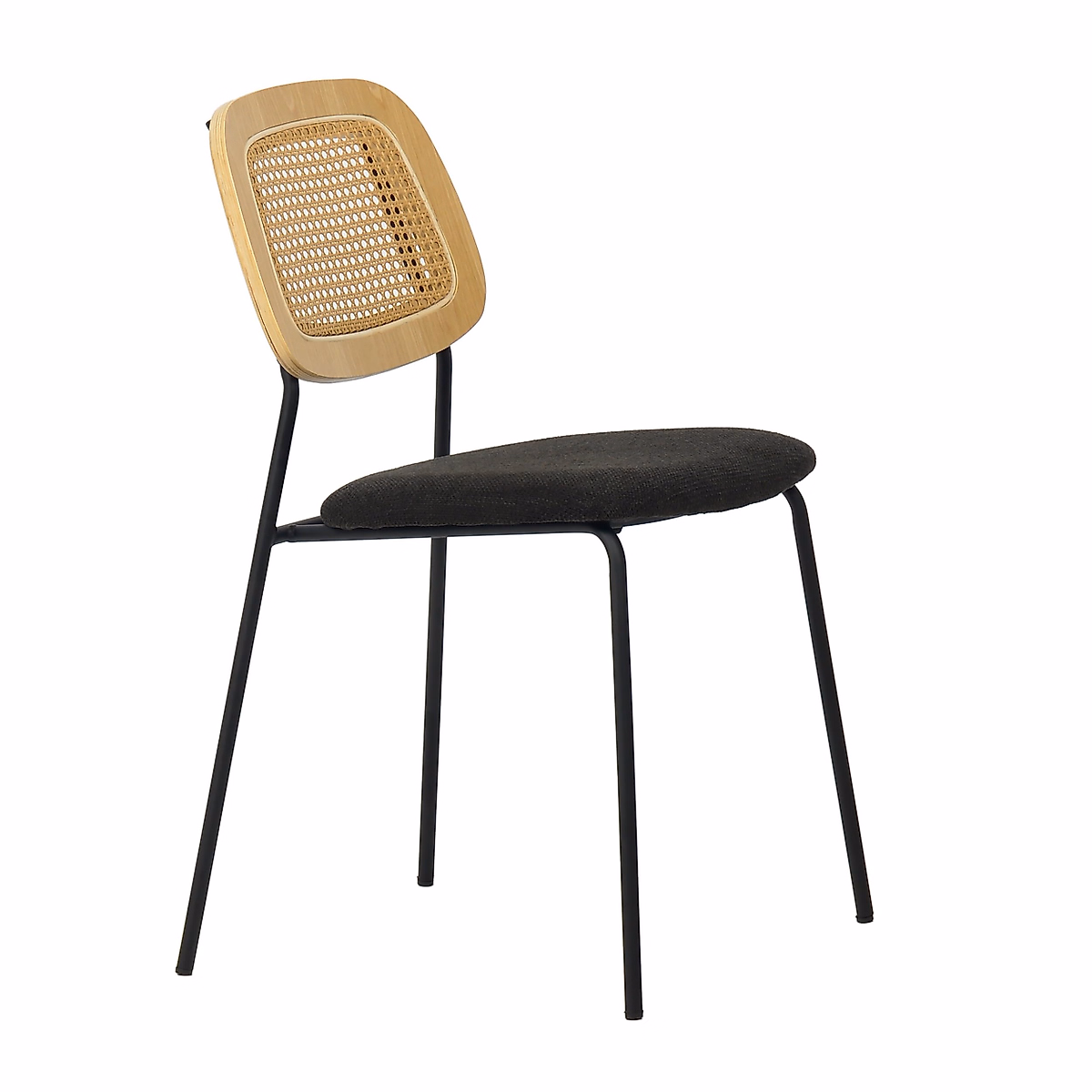 Benjara 19 Inch Dining Chair, Set of 2, Cane Backrest, Black Fabric Seat, Metal, Walnut Brown and Beige