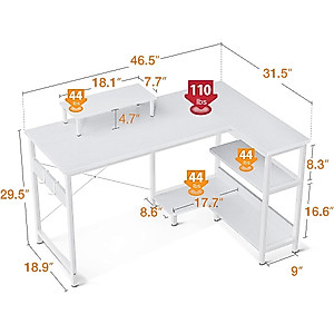 ODK 47 Inch Small L Shaped Computer Desk with Reversible Storage Shelves, L-shaped Corner Desk with Monitor Stand for Small Space, Modern Simple Writing Table for Home Office Workstation, White