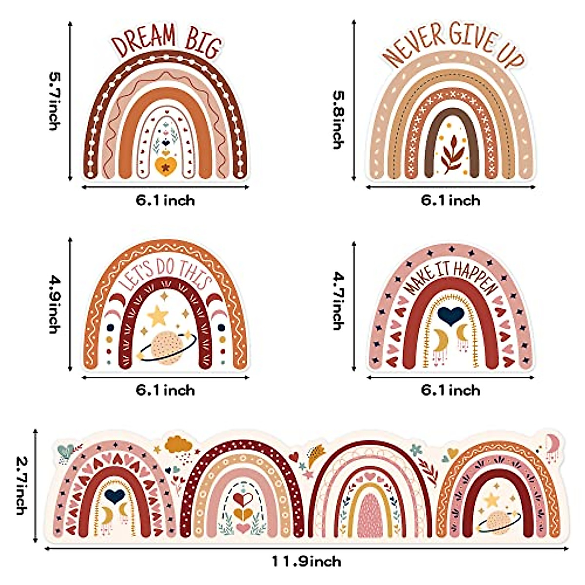 BeYumi 62Pcs Back to School Boho Rainbow Positive Sayings Cutouts Motivational Boho Rainbow Classroom Bulletin Borders Trim Decorations Set for School Home Wall Decor