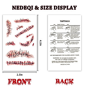 20 Sheets Halloween Zombie Temporary Tattoos - NEDEQI Chucky Scar Fake Blood Tattoos Waterproof Realistic Stitches Wound Temp Tattoo for Chucky Cosume Prank Makeup Cosplay Kids Men Women Adults