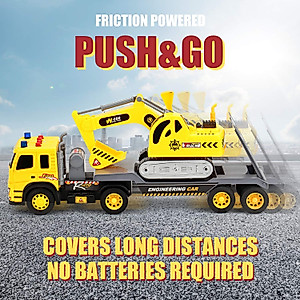 1:12 Scale Push and Go Excavator Flatbed Toy Truck for Kids - With Lights & Sounds