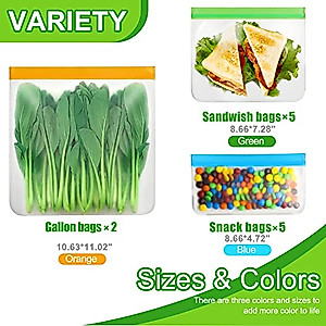 Reusable Food Storage Bags - 12 Count BPA Free Reusable Freezer Bags (2 Gallon & 5 Sandwich & 5 Snack Size Bags) Tangibay Leakproof Freezer Safe Bag for Meat Fruit Vegetable