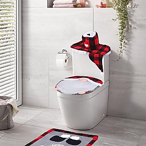 JAPIIM Christmas Toilet Seat Cover, 4pcs Christmas Bathroom Decorations, Swedish Christmas Bathroom Decor, Black Red Plaid Xcmas Decorations, Gnome Toilet Tank Cover for Christmas Bathroom Decoration