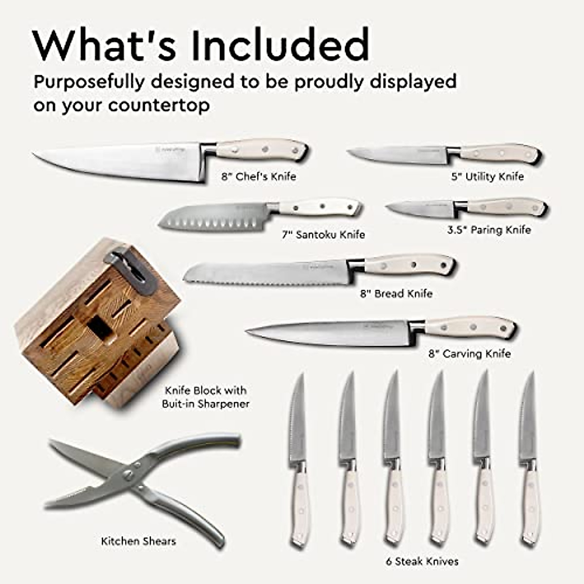 White Knife Set with Block - 14 Piece Forged Stainless Steel Triple Rivet White Kitchen Knife Set with Heavy Duty Kitchen Shears and Self Sharpening Knife Block Set