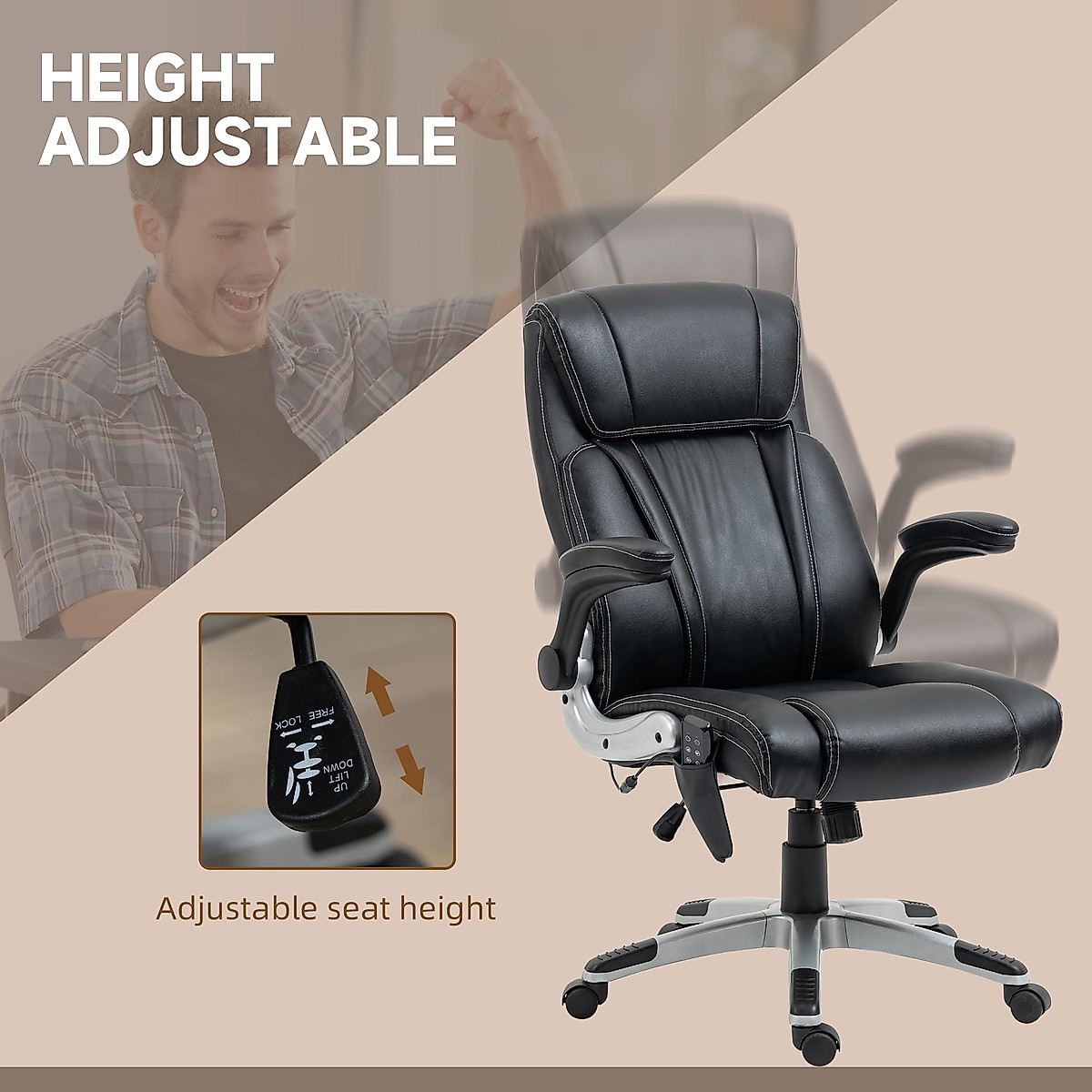 Vinsetto Executive Massage Office Chair with 6 Vibration Points, Heated Faux Leather Computer Desk Chair with Flip-up Armrest, Adjustable Height, Swivel Wheels, Black