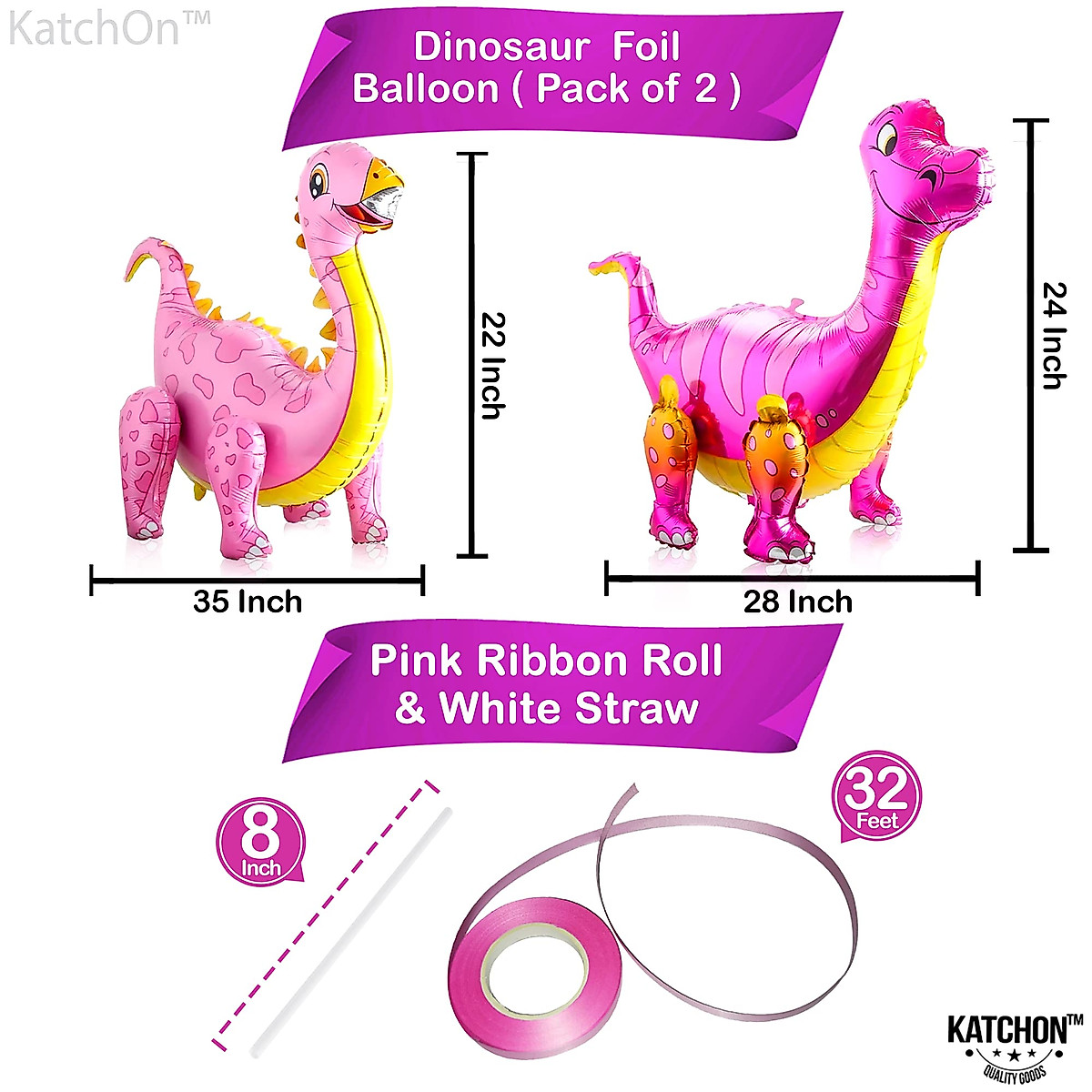 KatchOn, Giant Pink Dinosaur Balloons - 35 Inch, Pack of 2 | Dinosaur Pink Balloons, Pink Dinosaur Birthday Decorations | Girl Dinosaur Balloons, Girl Dinosaur Party Decorations | Pink Dino Balloons