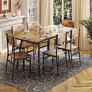Qsun 7-Piece 63" Dining Table Set for 4-6 People, Extendable Kitchen Table Set with 6 Chairs, Dining Room Table with Metal Frame and Solid MDF Wood Board for Kitchen, Rustic Brown