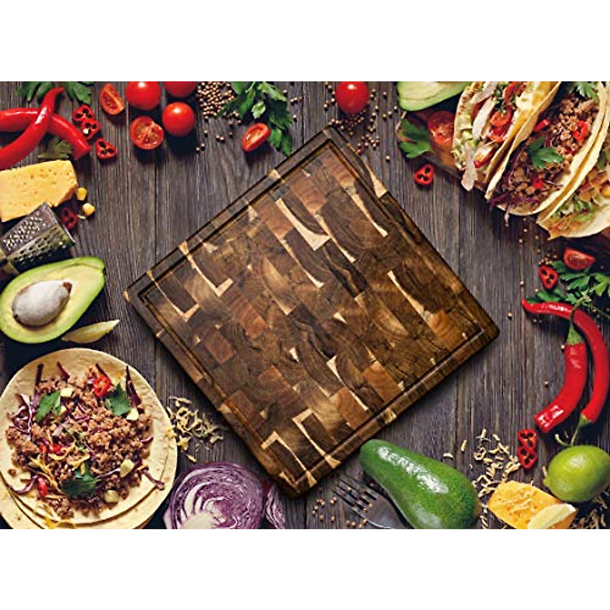 Professional 14" End Grain Cutting Board, Premium Serving Vegetables Meat Kitchen Chopping Butcher Block, Acacia Wood