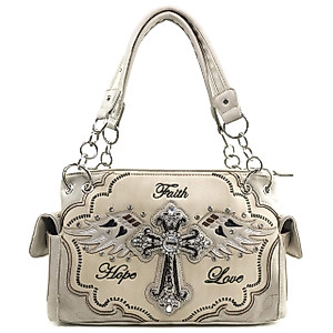 Zelris Faith Love Hope Cross Angel Wing Women Conceal Carry Handbag Wallet Set (Beige)