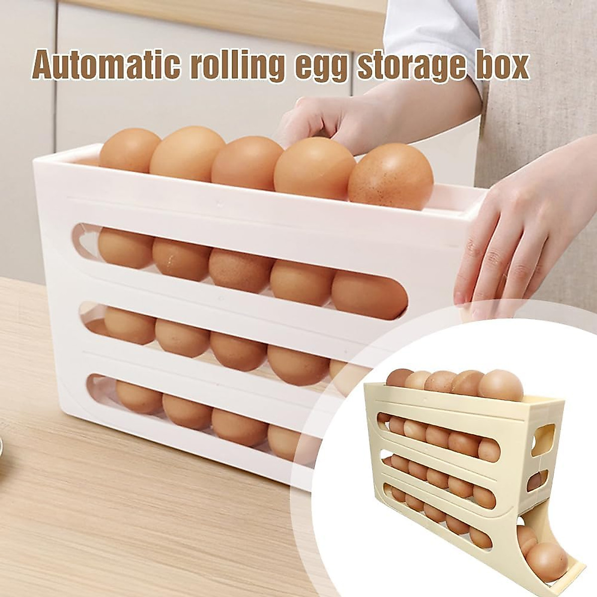 4 Tiers Egg Holder for Fridge, 2024 New Automatic Scrolling Egg Rack Holder, Eggs Dispenser Auto Rolling Large Capacity Egg Organizer Storage Box, Space-Saving Egg Dispenser Holder (Transparent)