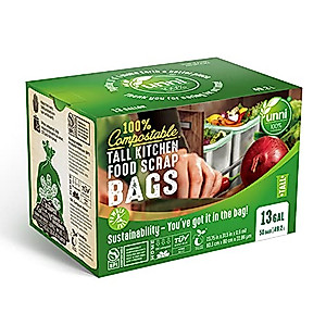 UNNI 100% Compostable Bags, 13 Gallon, 49.2 Liter, 50 Count, Heavy Duty 0.85 Mil, Tall Kitchen Food Scrap Waste Bags, ASTM D6400, EN 13432, US BPI and Europe OK Compost Home Certified, San Francisco