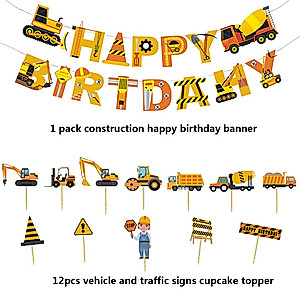 Construction Birthday Party Supplies, 58 Pack Dump Truck Birthday Decorations with Foil Latex Balloons, Paper Tassels, Flower Balls, Cupcake Toppers, Vehicle Banner for Kids Boys Grils Birthday