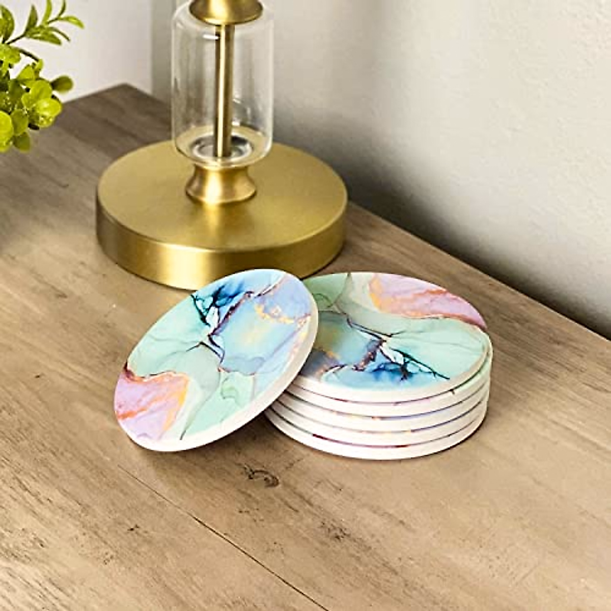 HSEHLD Marble Coasters for Drinks, Geode Coasters, Agate Coaster Large Absorbent, Water Absorbing Coasters for Glass Table Top - Large 4 inch Size, Set of 6 (Mint Green Marble)
