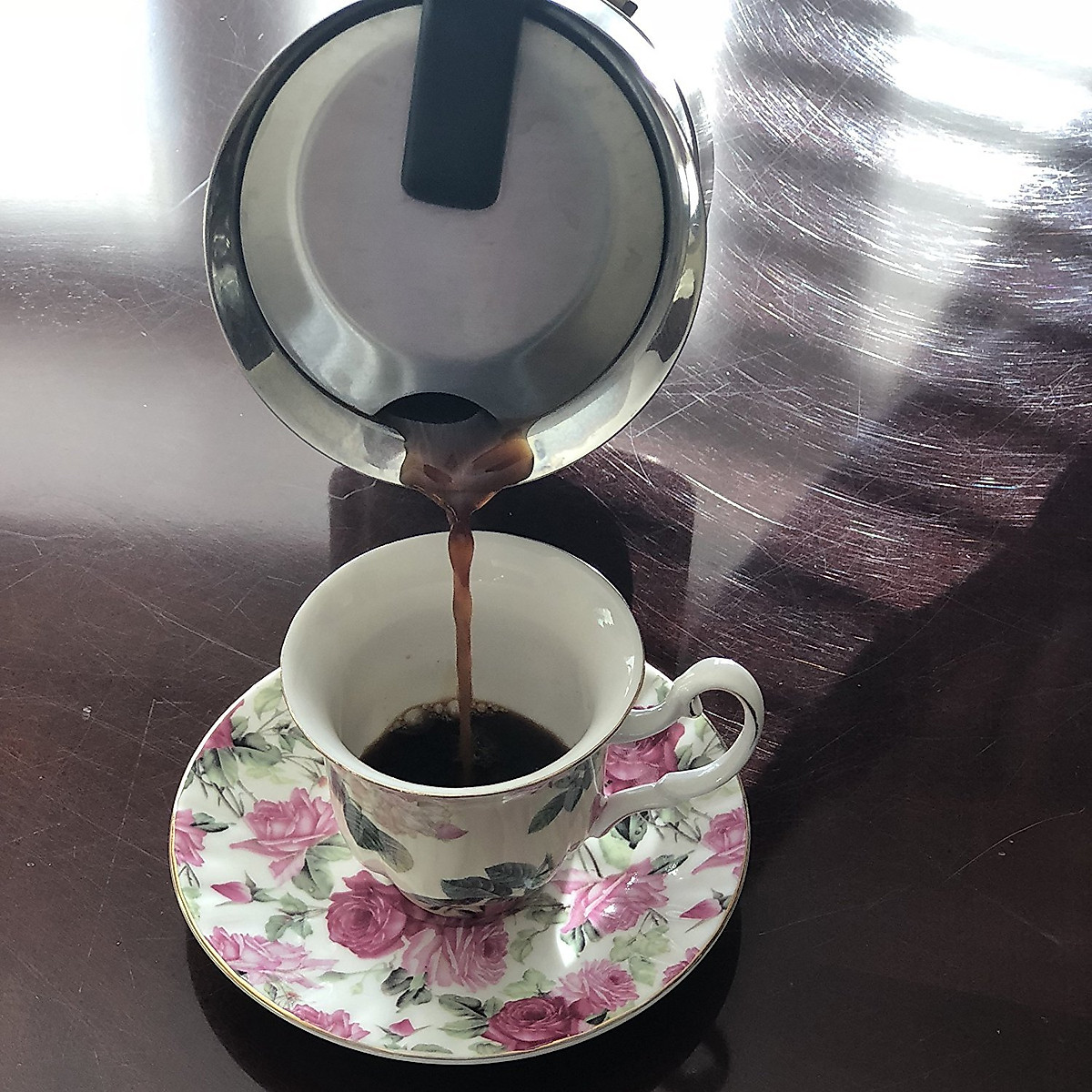 Gracie China Rose Chintz Porcelain 3-Ounce Small Petite Espresso/Demitasse Cup and Saucer with Gold Trim Set of 4