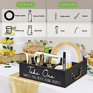 Paper Plate Holder, Paper Plate Dispenser for Kitchen Counter, Wood Cutlery Flatware Organizer Box for Party, Picnic BBQ, Wood Silverware Holder Utensil Caddy for Plate, Cup, Fork, Spoon Napkin(Black)