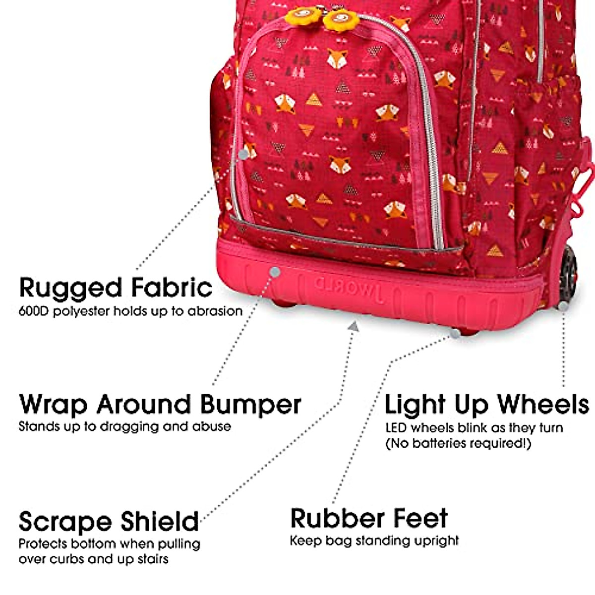 J World Lollipop Kids Rolling Backpack & Lunch Bag Set for Elementary School. Carry-On Suitcase with Wheels, Fox