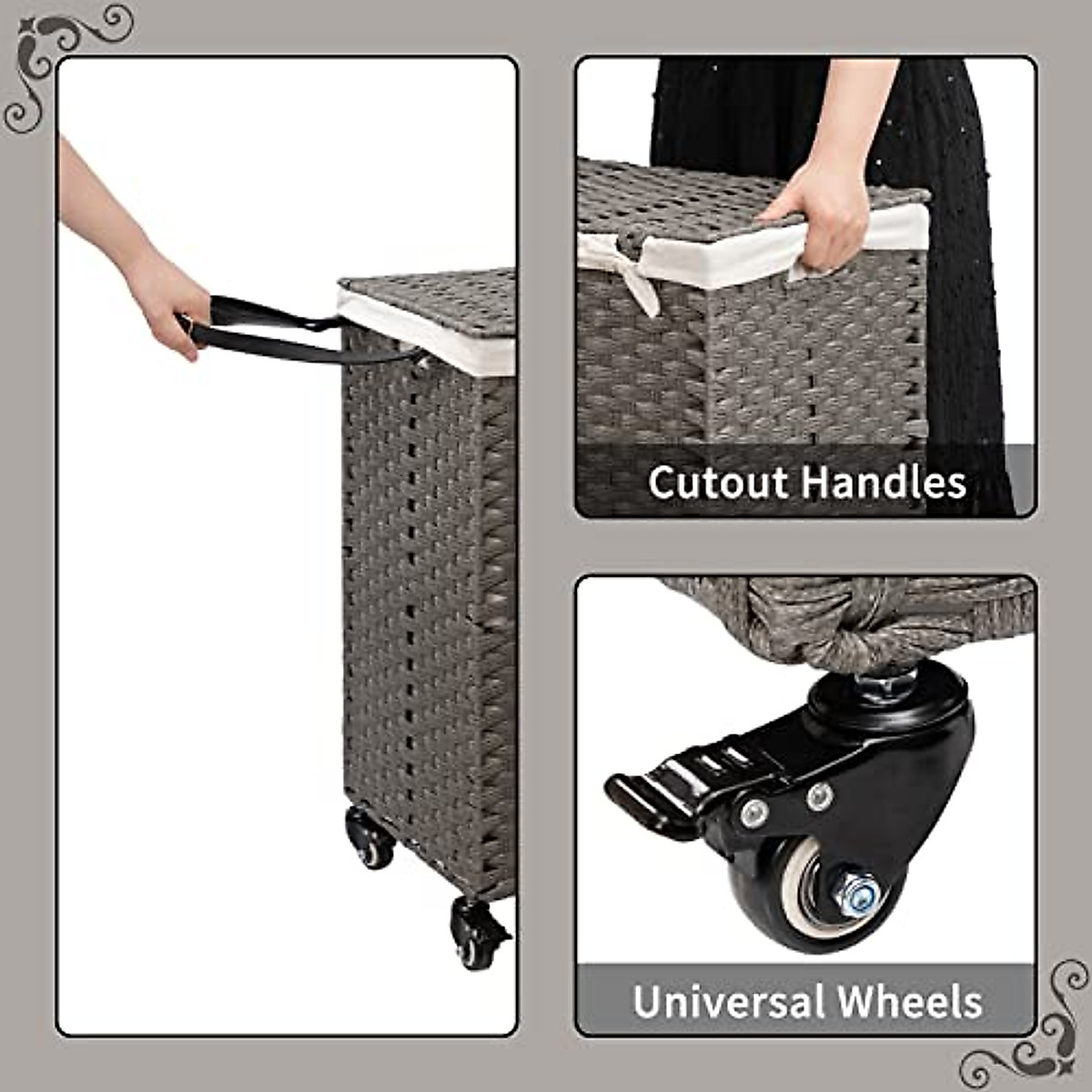 ALIMORDEN Wicker Laundry Hamper with Lid and Wheels Handles 100L Clothes Laundry Basket with 2 Removable Liner Bags Large Hampers for Laundry Organizer 3 Sections for Bedroom Bathroom Grey