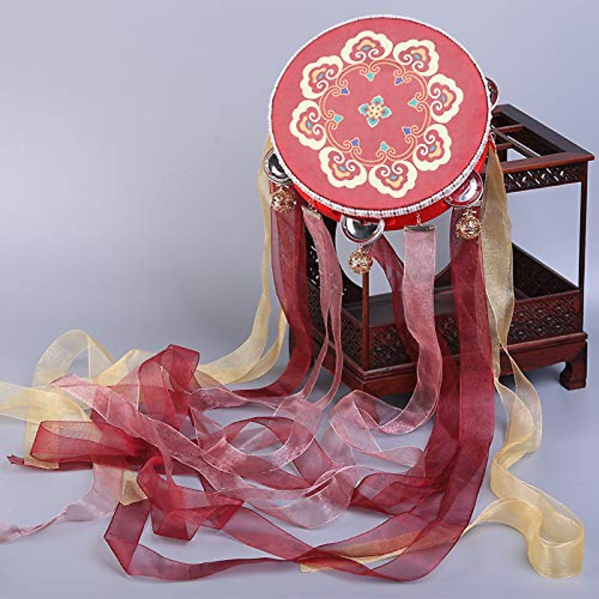 Hanfu Hand Drum with Red Ribbon Retro Tambourine Ancient Accessories Hand-Held Ribbon Drum