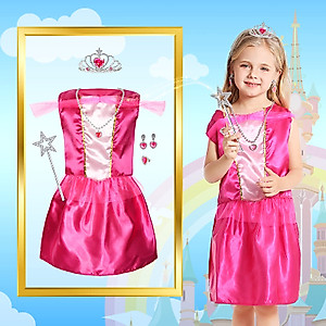SOLIEHOO Girls Princess Dress Up Trunk, Pretend Play Costumes Princess Role Play Set 15pcs Girls Dress up Clothes with 4 Tops,4 Princess Dresses Crown Necklaces for Toddler Age 3 4 5 6 Years