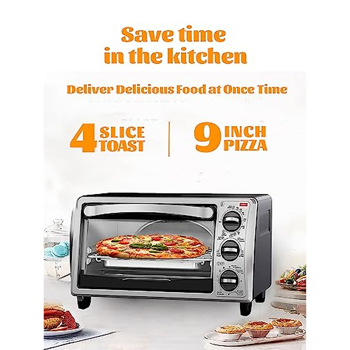 Toaster Oven 4 Slice Countertop - Pizza Oven with Timer, Convection Oven fits a 9 Inch Pizza, for Bake, Broil, Toast, Includes Baking Pan and Rack, Stainless Steel, Silver