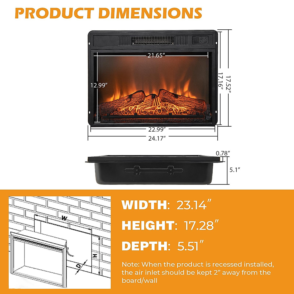 ORALNER Electric Fireplace Insert 23 Inch, Recessed Fireplace Heater w/ 3 LED Flame Effects, Remote Control & 6H Timer, Overheat Protection, Indoor Fireplace Insert for TV Stand, 1400W, Black