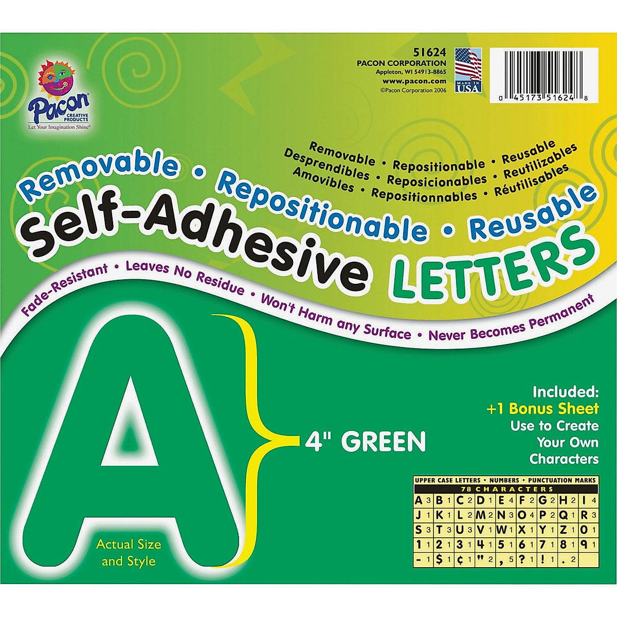 Pacon Reusable Self-Adhesive Letter & Number, Green 78 per Pack