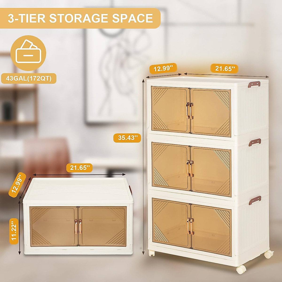 Linnerex 3-Tier Storage Bins with Lids, 58QT Stackable Storage Bins with Wheels, Closet Organizer and Storage, Plastic Large Collapsible Storage Containers for Home, Bedroom, Office Organization