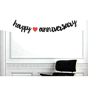 Happy Anniversary Banner Prestrung Red & Black Paper Sign for First Wedding Anniversary Party Decoration Photo Props/Anniversary Ceremony Banner