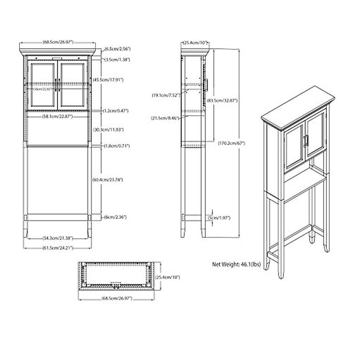 SIMPLIHOME Avington 67 inch H x 27 inch W Space Saver Bath Cabinet in Pure White with Storage Compartment and 1 shelf, for the Bathroom, Contemporary