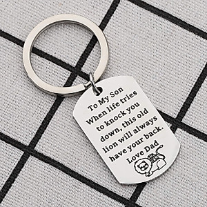 BEKECH Inspirational Keychain Gifts to My Son This Old Lion Will Always Have Your Back Dog Tag Keychain Son Gifts from Dad for Graduation Birthday (silver)