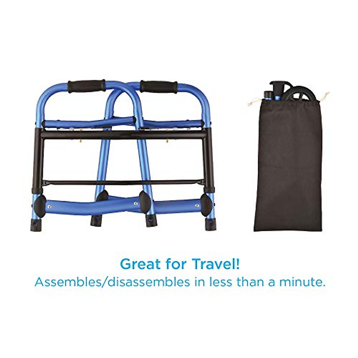 NOVA Medical Products Folding Walker with 5” Front Wheels, Glide Skis and Mobility Bag, Portable and Great for Travel, Blue