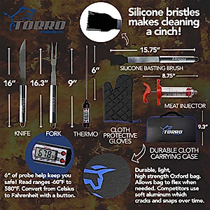 Torro Products 25PCS BBQ Grill Stainless Steel Laser Etched Logo Tool Set, Accessories, Grilling Kit Oxford Case, Camping, Kitchen, Barbecue, Summer, Parties Utensil for Men Women with Thermometer