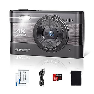 4K Digital Camera for Photography, 48MP Vlogging Camera with SD Card, 2.8'' Flip Screen Compact Camera with Flash, 18X Digital Zoom Travel Camera (2 Batteries)