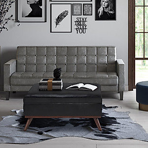 SIMPLIHOME Owen 36 Inch Wide Mid Century Modern Square Coffee Table Lift Top Storage Ottoman in Upholstered Midnight Black Faux Leather, For the Living Room