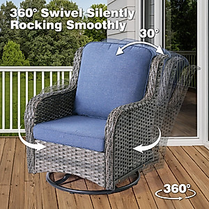 ovios 3 Pieces Patio Rocking Chairs with Side Table, Outdoor Wicker Swivel Chairs of 2, High Back Glider Chairs Rocker Set for Garden, Grey Rattan Denim Blue Cushions