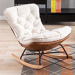 LZAREAL Rocking Boho Glider Chair for Nursery Comfy Accent Chairs for Living Room/Bedroom, Side Rocker Chair with Back Tufted Design Upholstered Fabric Padded Seat with Solid Wood Base, Linen-Cream