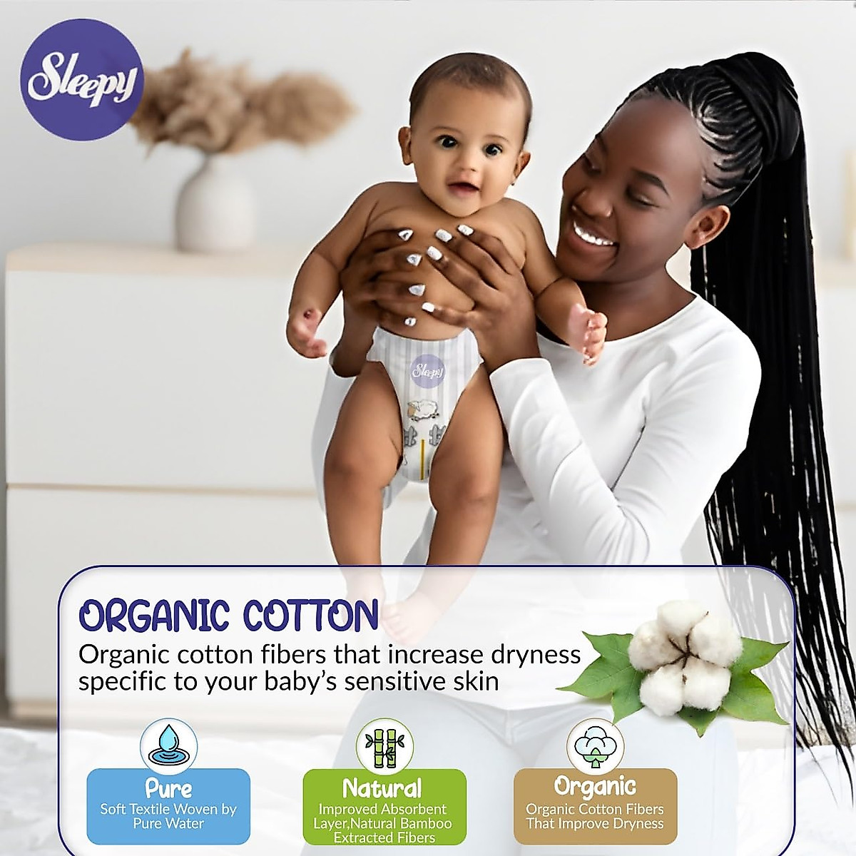 SOHO | Sleepy Natural Baby Diapers, Made from Organic Cotton and Bamboo Extract, Ultimate Comfort and Dryness, Disposable Diapers (Size 7 | 16 Count | Child Weight 44-66 lbs)
