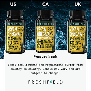 Freshfield Vegan Omega 3 DHA: Sustainably Sourced, Premium, Carrageenan Free, Compostable Bottle, Fish Oil Replacement, Carbon Neutral. Supports Heart, Brain, Joint Health w/DPA (60)