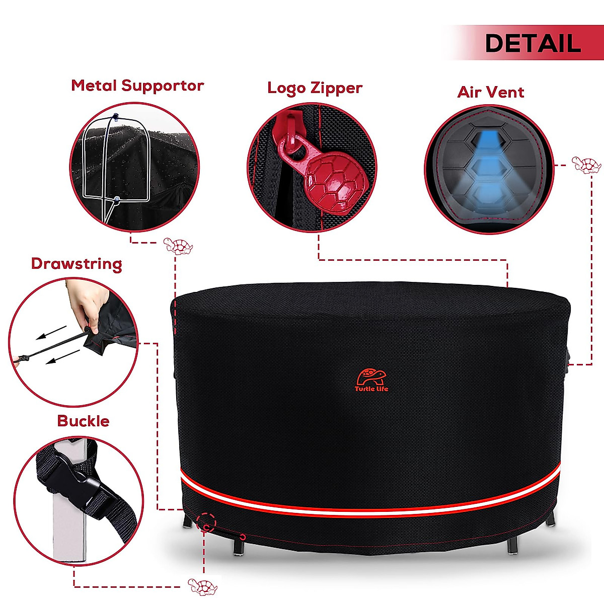 Turtle Life Patio Furniture Sets Cover, Heavry Duty Round Outdoor Dinning Table and Chairs Cover, Anti-Fading Cover for Outdoor Furniture Set, No Fading Away Within 2 Years, Black, Dia 62" x 29" H