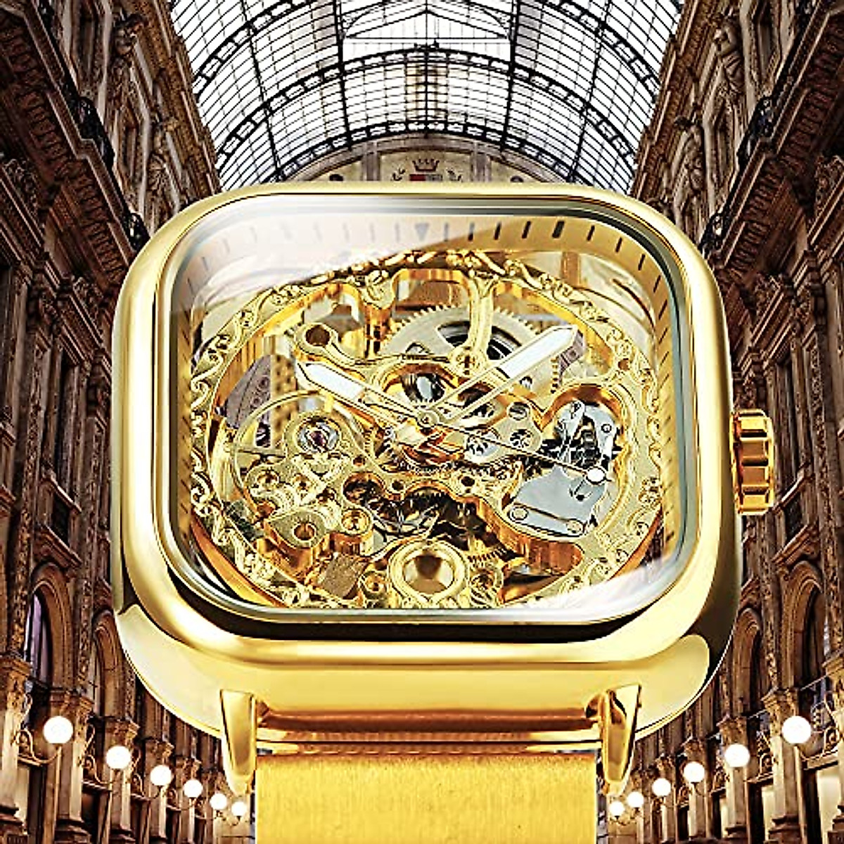 Caluxe Skeleton Watch for Men Transparent Square Face Engraved Golden Automatic Mechanical Men's Wristwatch Ultra Thin Mesh Strap Magnet Clasp Classic Vintage Retro Women Unisex