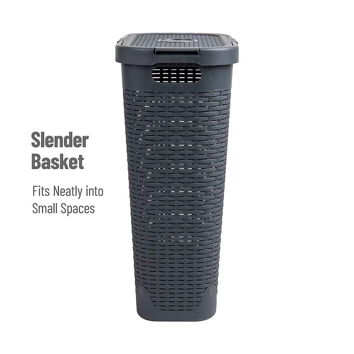 Mind Reader 40L Slim Laundry Hamper, Clothes Basket, Lid, Wicker Design, Plastic, 18"L x 10.4"W x 23.5"H, Gray