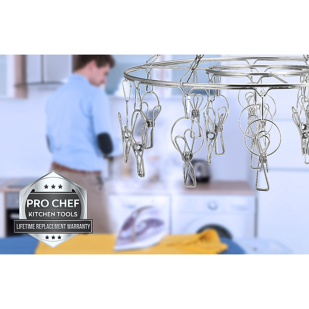 Pro Chef Kitchen Tools Clothes Drying Rack - Round Clothing Racks - Laundry Portable Clothesline Includes 18 Metal Clothespins Hanger Clips Set - Baby Clothes Storage Closet - Herb Hanging Air Dryer